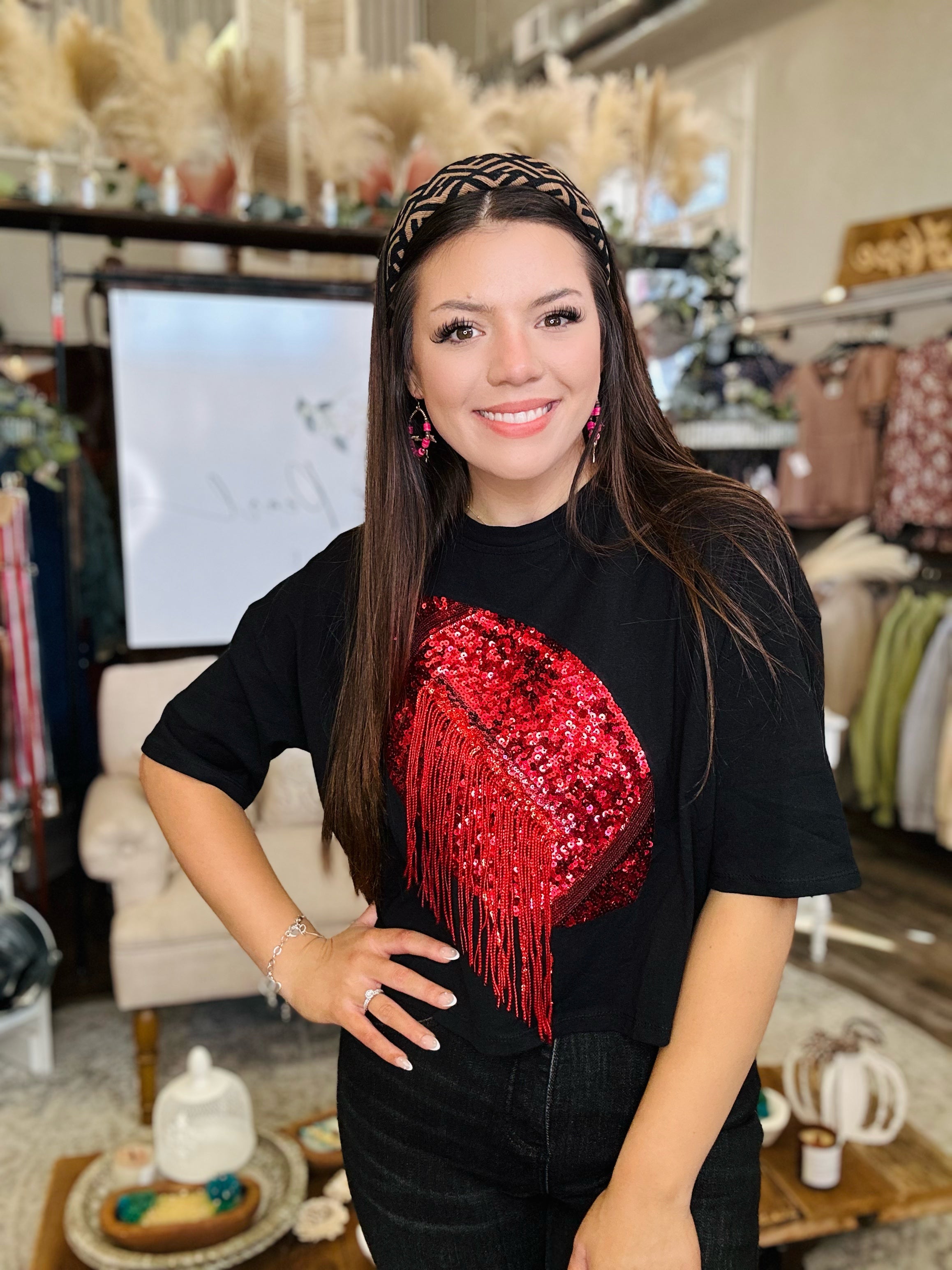 FRINGE EMBELLISHED FOOTBALL CROP TOP (Black & Red) – Ruby & Pearl Boutique